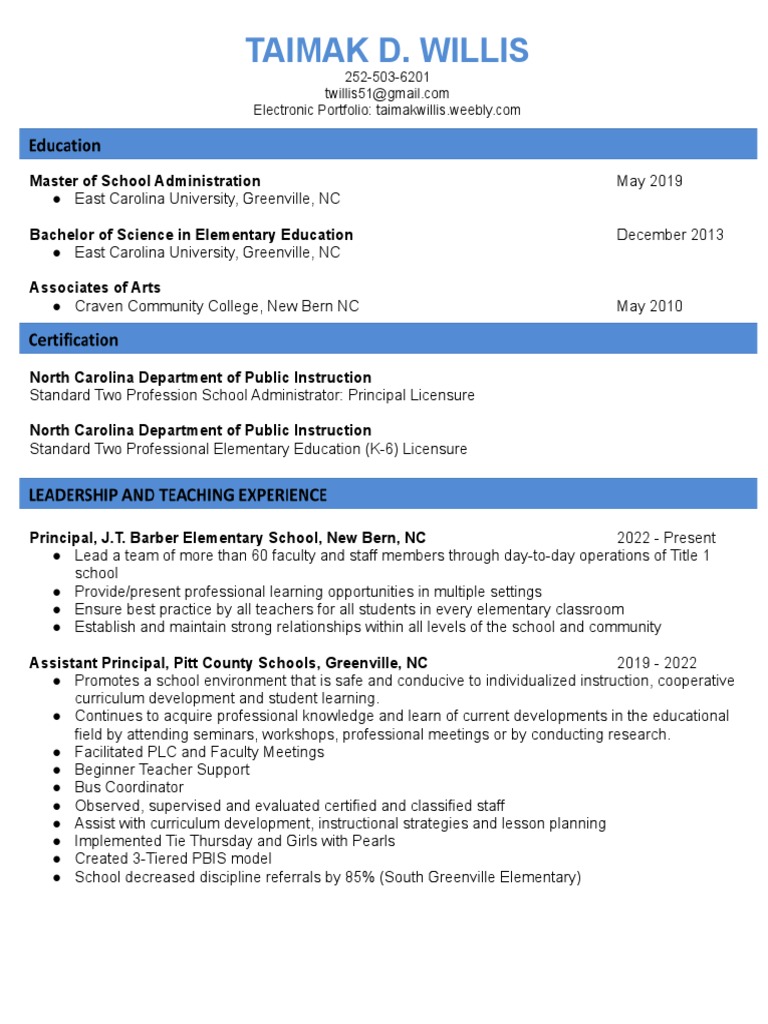 Taimak Willis - 2022 Resume | PDF | Teachers | Leadership