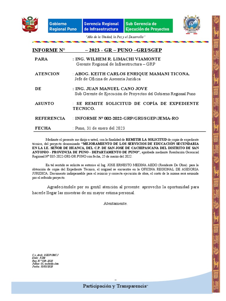 INFORME DE SOLICITUD DE EXPEDIENTE TECNICO Hoy | PDF