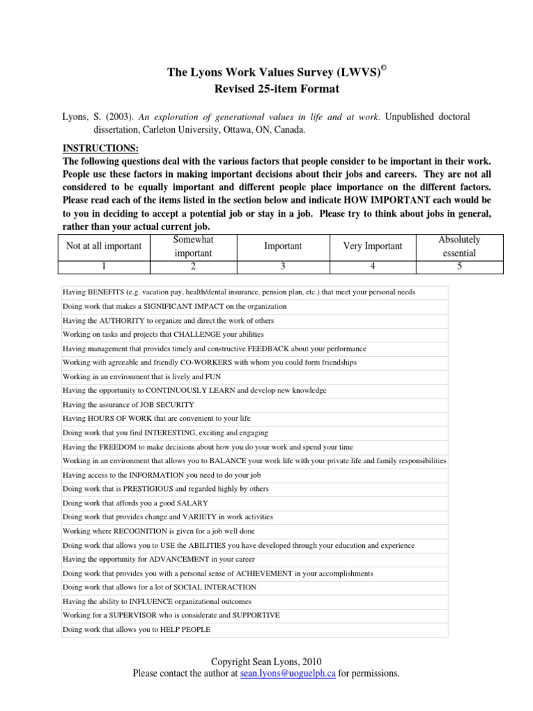 The Lyons Work Values Survey 25 Item For | PDF | Psychology | Cognitive ...
