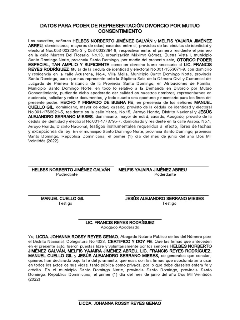 Datos para Poder de Representación Divorcio Por Mutuo Consentimiento ...