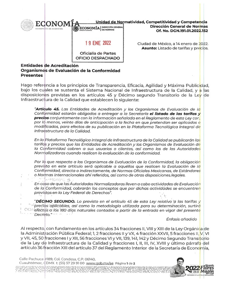 Oficio DGN Tarifas19-01-2022 | PDF