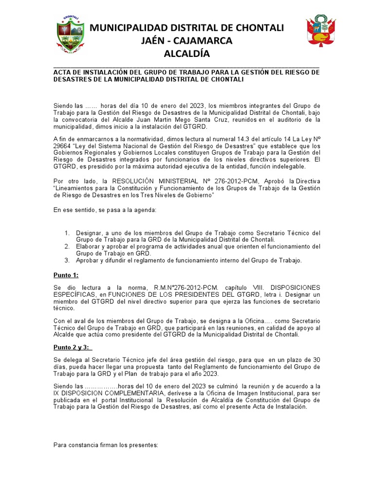 Acta De Instalacion Del Grupo De Gestion De Riesgo De Desastress Pdf