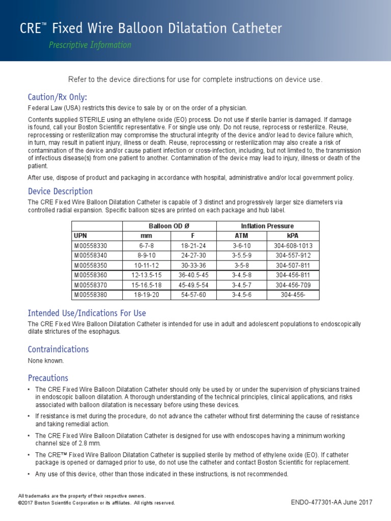 CRE Fixed Wire Balloon Dilatation Catheter | PDF | Catheter | Endoscopy