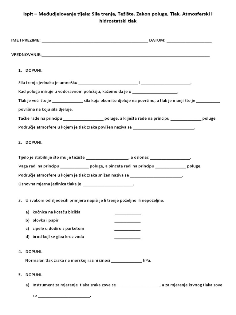 Ispit - Međudjelovanje Sila 2.dio (Trenje, Težište, Poluga, Tlak) | PDF