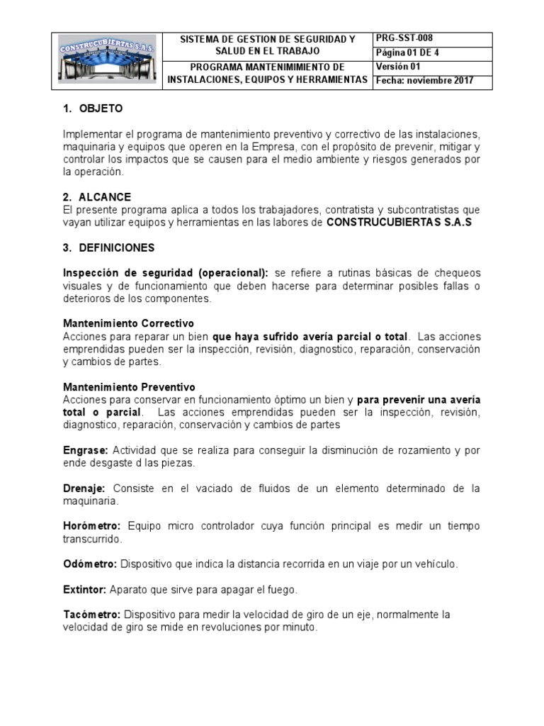 PRG-SST-008 Programa Mantenimiento INstalaciones, Equipos y Herramientas | PDF