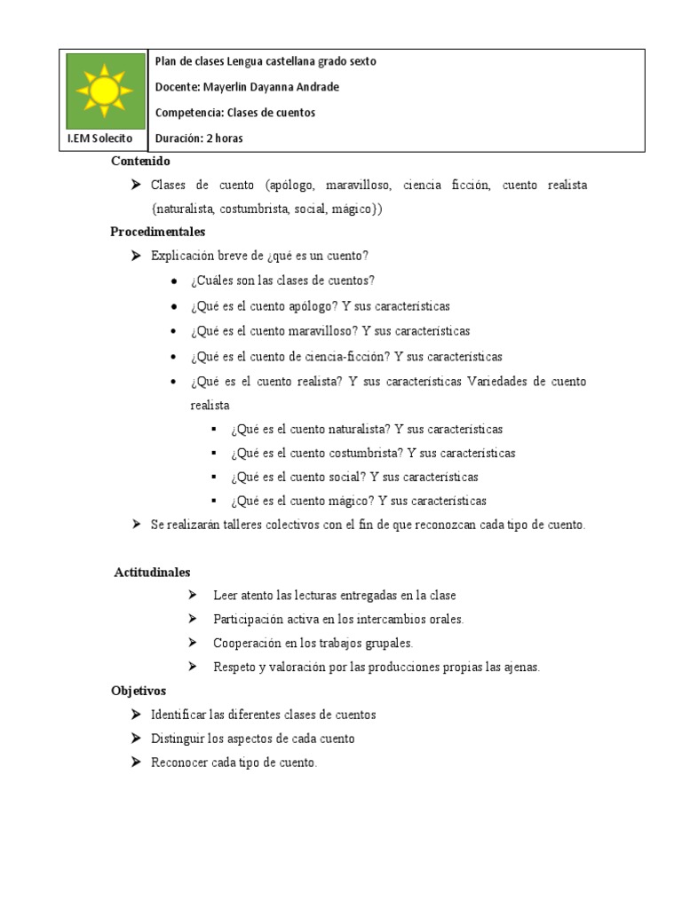 Plan de Clases Grado 6 | PDF | Cuentos