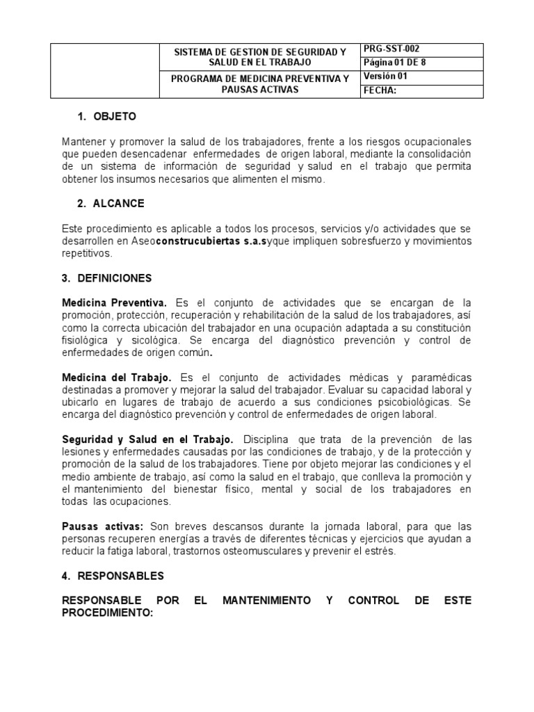 PRG-SST-002 Programa de M. Preventiva y Pausas Activas | PDF | Seguridad y salud ocupacional ...