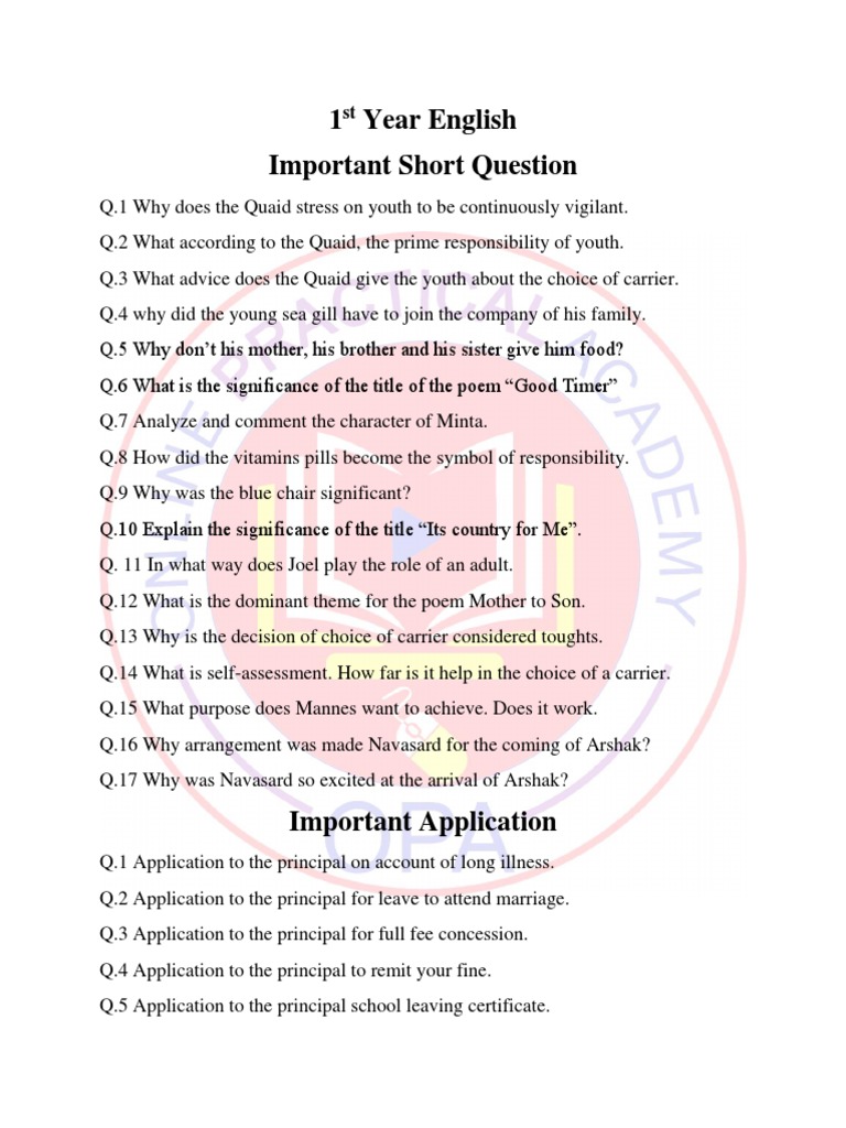 1st Year English Paper Important Questions | PDF