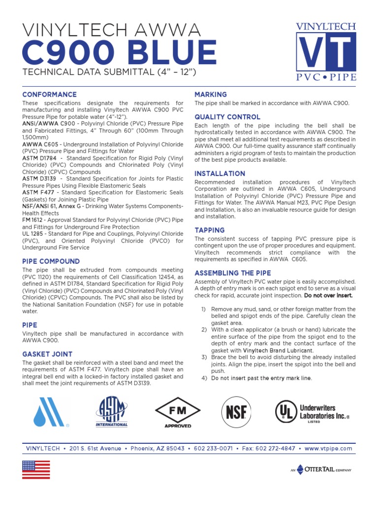 C900 BLUE: Vinyltech Awwa | PDF | Pipe (Fluid Conveyance) | Polyvinyl Chloride