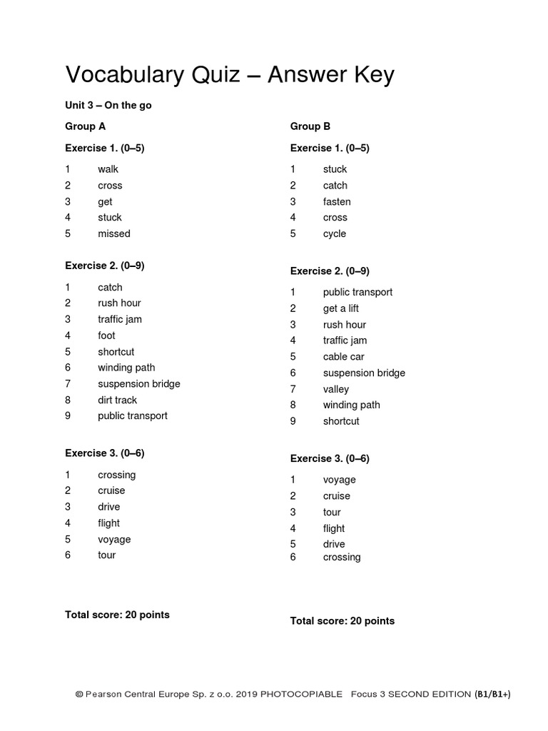 Focus3 2E Vocabulary Quiz Unit3 GroupA&B ANSWERS | PDF