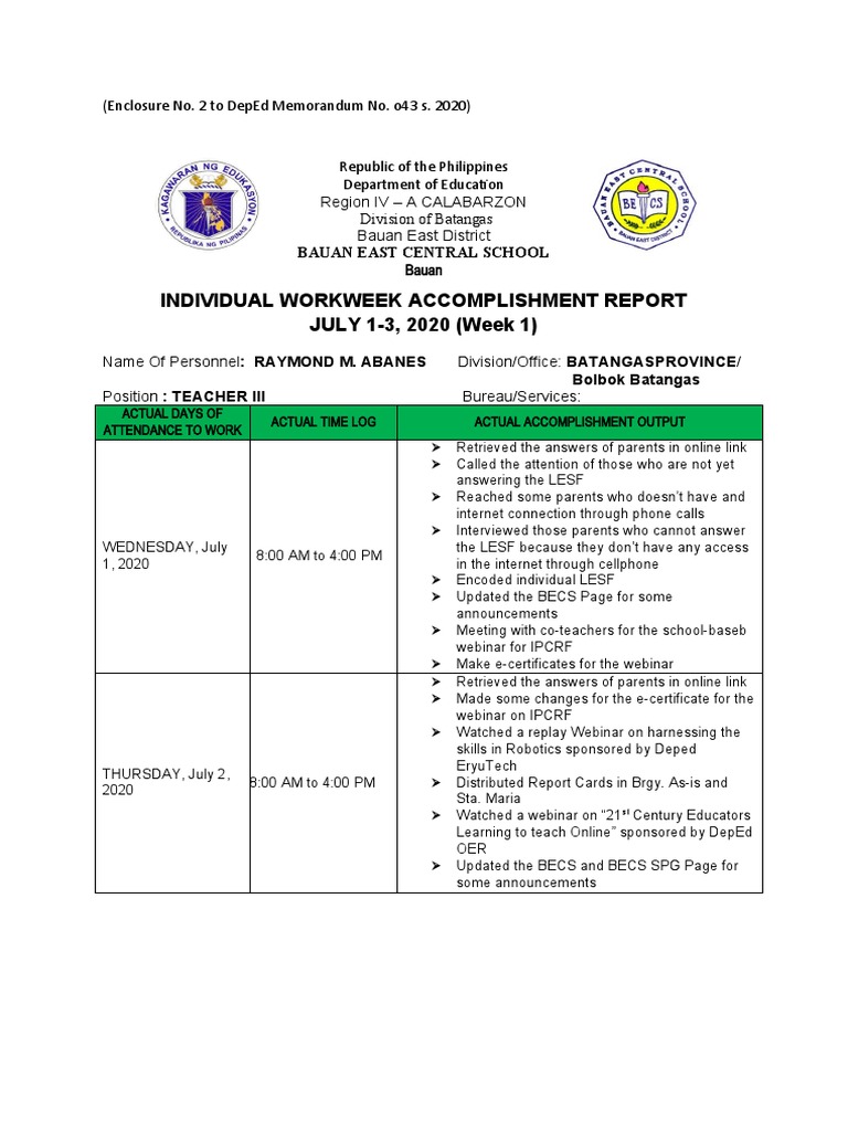 JULY 2020 Workweek Accomplishment Report RAYMOND | PDF