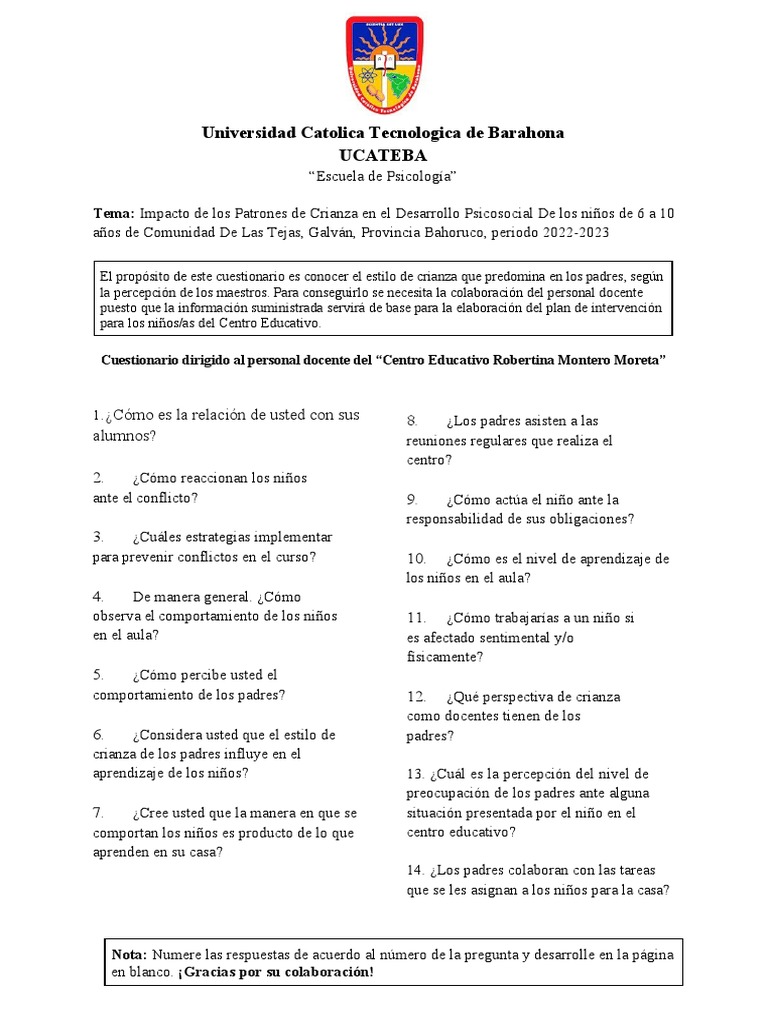 Cuestionario para Los Maestros | PDF | Salón de clases | Aprendizaje
