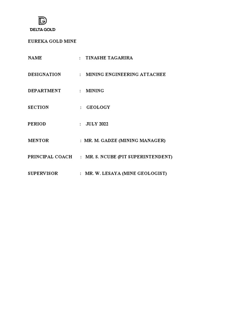 Tinashe Tagarira-Eureka Gold Mine-Geology Report | PDF | Geology ...