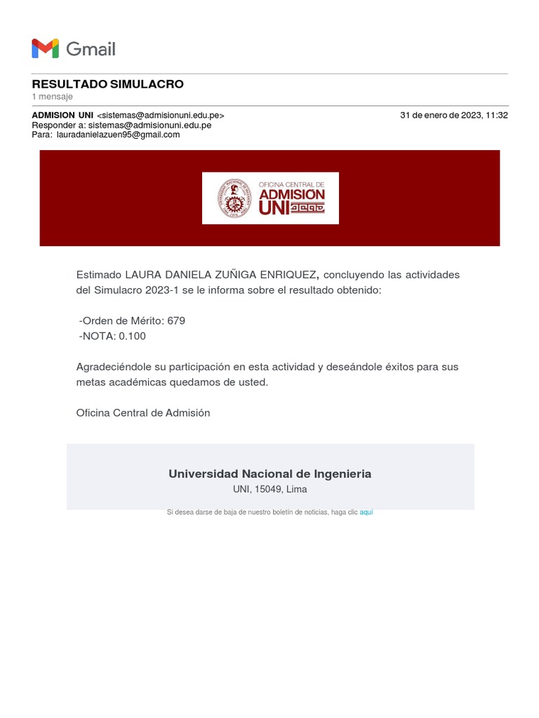 Laura Zuñiga - Resultado Simulacro | PDF