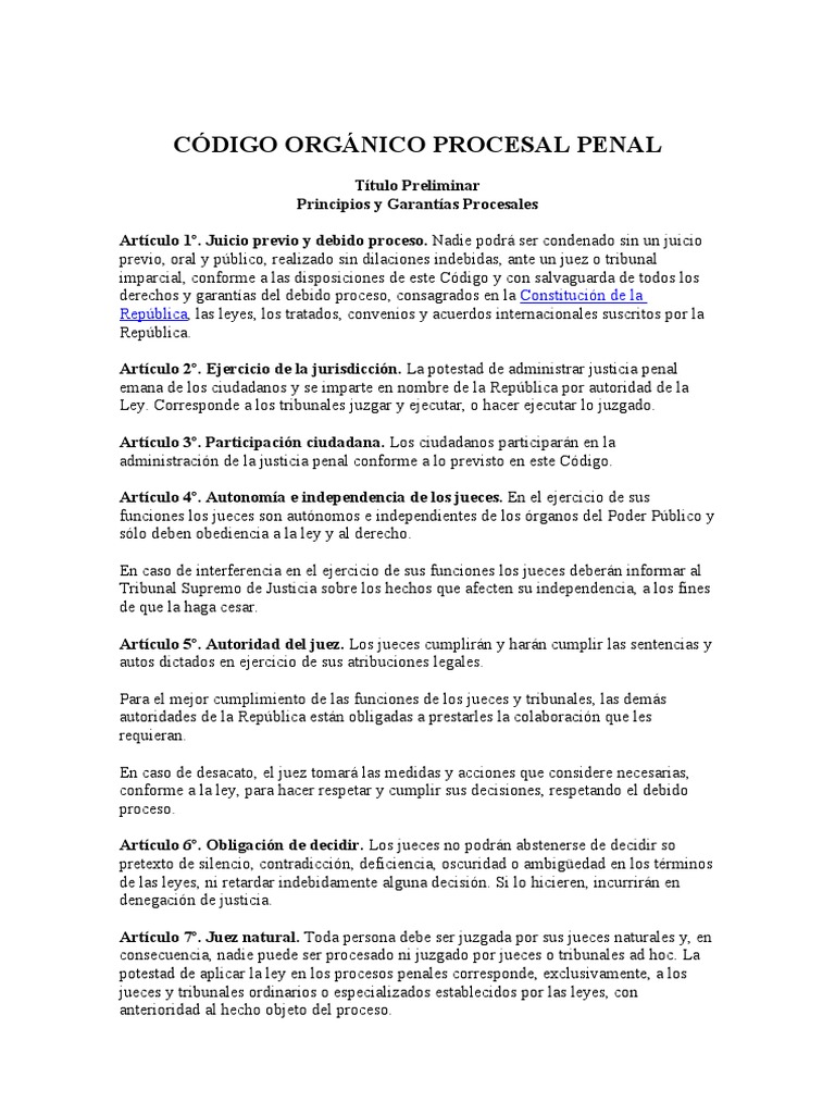 Código Orgánico Procesal Penal | PDF | Debido al proceso | Derecho penal