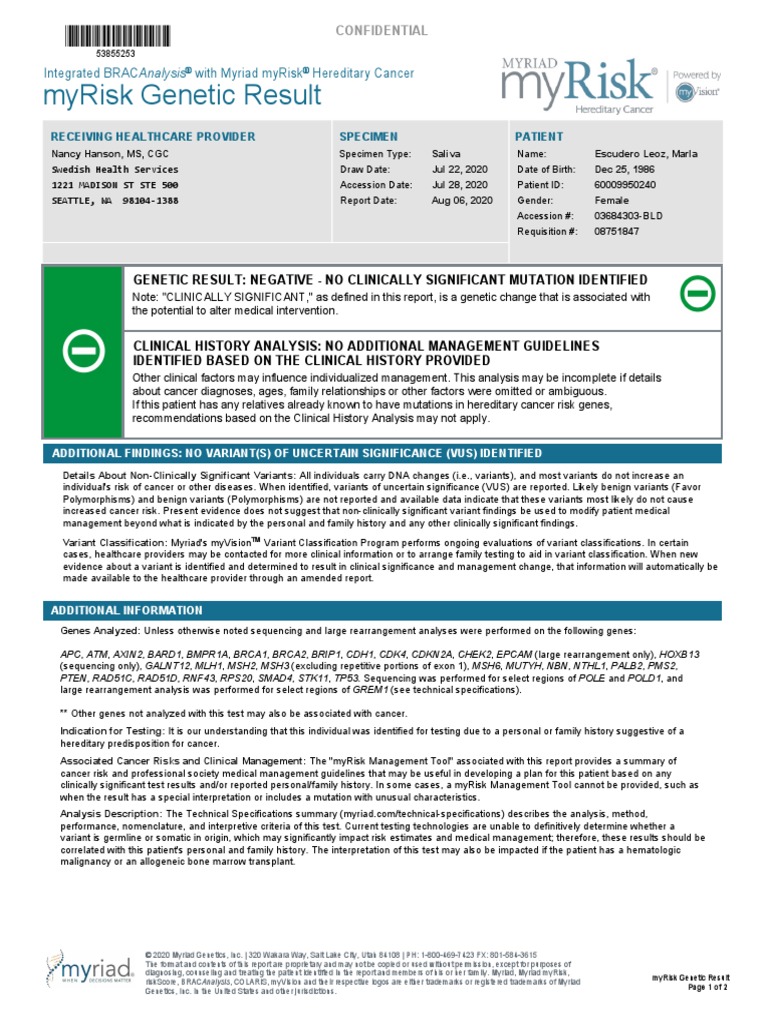 Genetic Test Results 08-06-20 Myriad MyRisk | PDF | Cancer | Breast Cancer