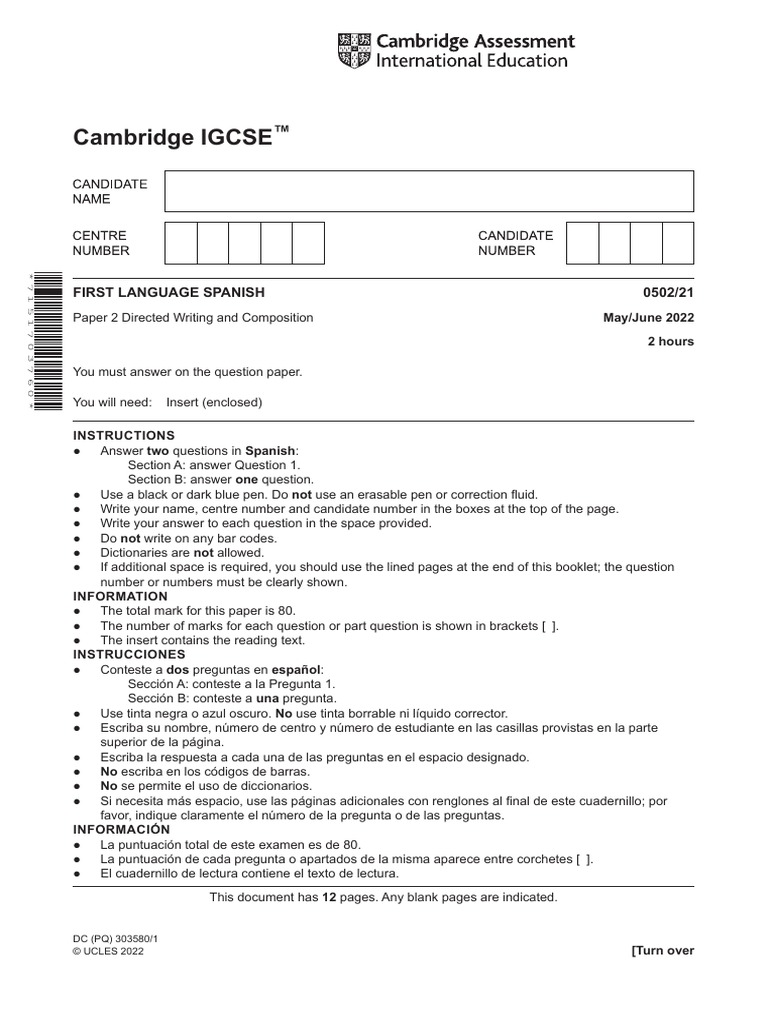 Cambridge IGCSE: First Language Spanish 0502/21 | PDF