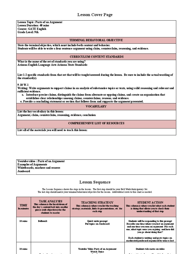 Parts of An Argument Lesson Plan | PDF | Argument | Reason