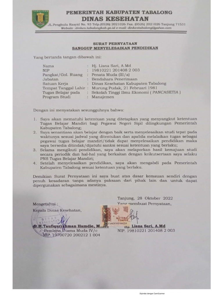 Surat Pernyataan Sanggup Menyelesaikan Pendidikan (Lisna) | PDF