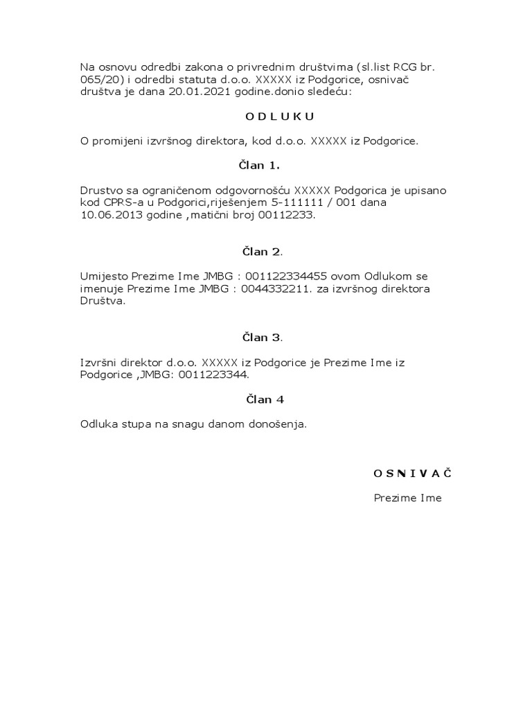 Odluka o Promjeni Direktora XXX | PDF