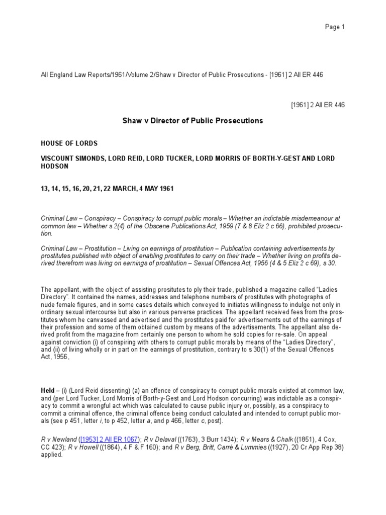 Shaw v DPP: Conspiracy & Prostitution Law | PDF