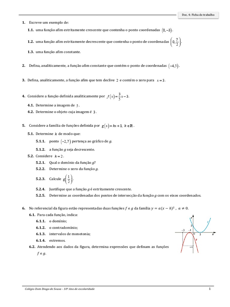 Exercícios Sobre Funções Afins E Quadráticas Pdf Função Matemática