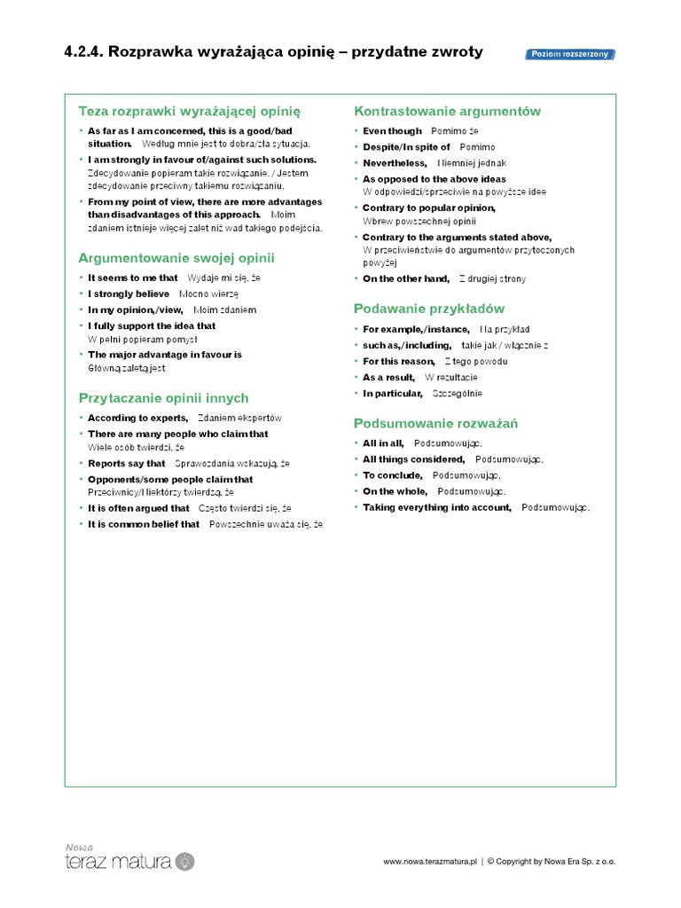 4.2.4. Rozprawka Wyrażająca Opinię - Przydatne Zwroty | PDF