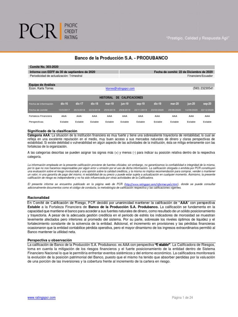 PCR Banco Produbanco 202009 Final | PDF | Bancos | Banco central europeo