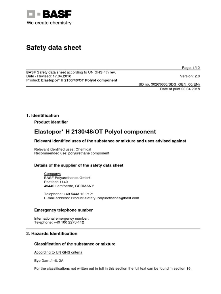 Safety Data Sheet for Elastopor H 2130/48/OT Polyol Component | PDF ...