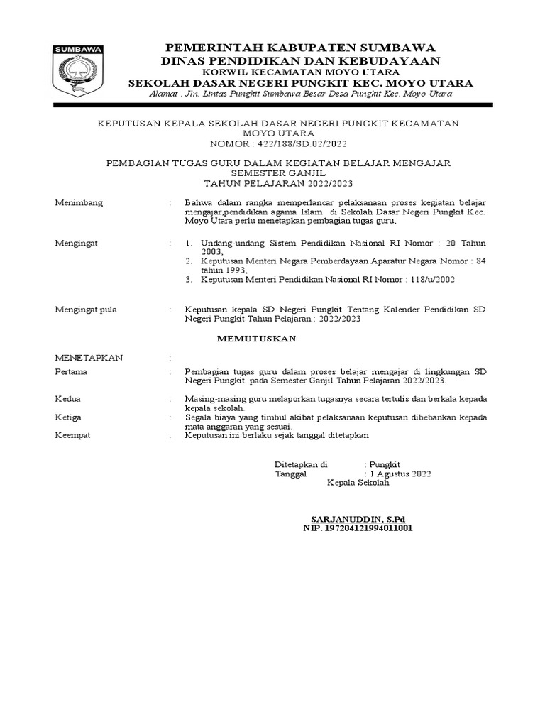 SK Pembagian Tugas Semester Ganjil Ta 2022-2023 | PDF
