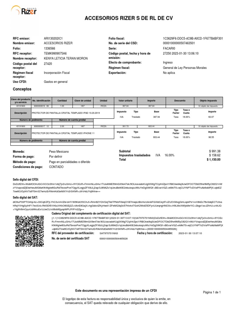 Accesorios Rizer S de RL de CV: Conceptos | PDF | Impuestos | Factura