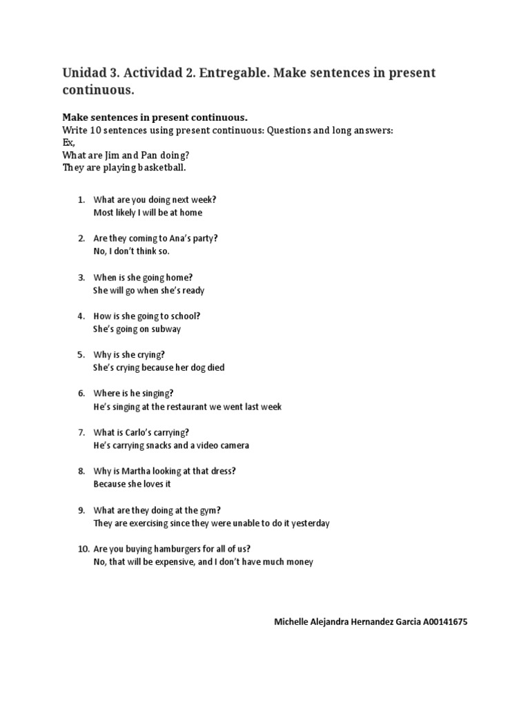 Practicing Present Continuous Tense: A Collection of 10 Sentences with ...