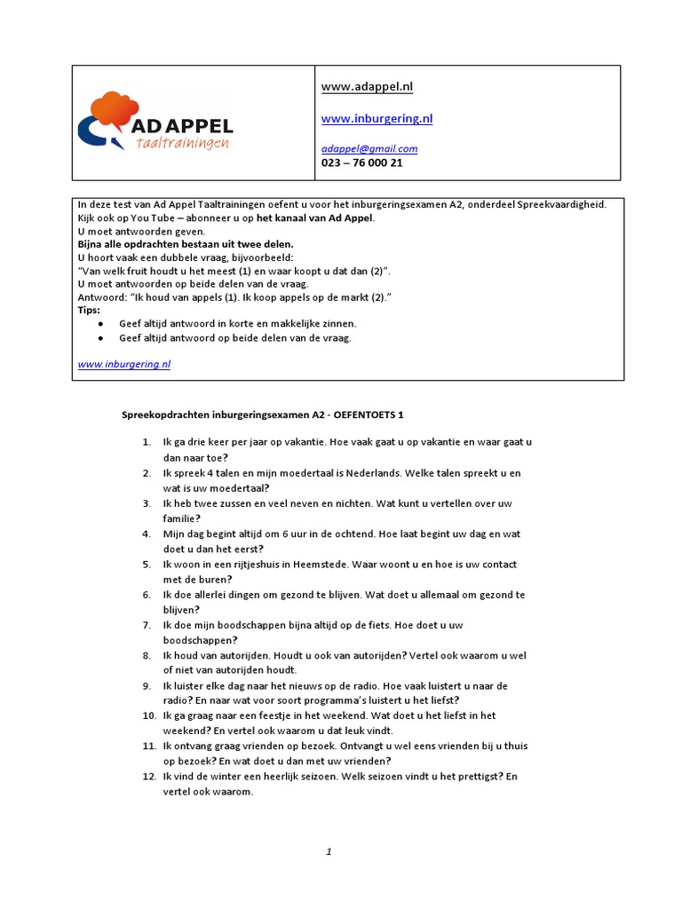 Spreekvaardigheid A2 - Oefentoets 01 - 2020 | PDF