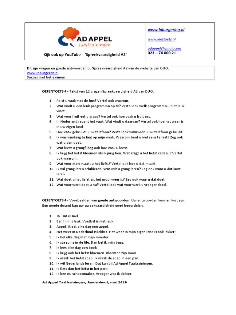 Spreekvaardigheid A2 - Oefentoets 04 - 2020 | PDF