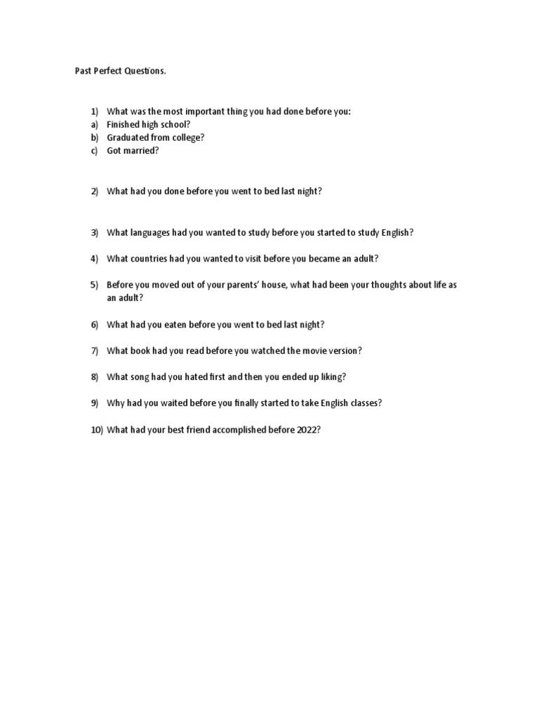 Past Perfect Speaking Activity | PDF