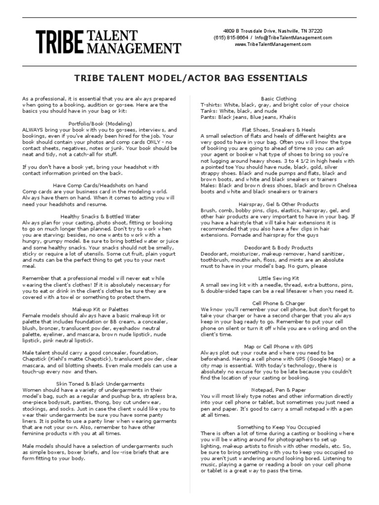 Tribe Talent Management Model/Actor Bag Essentials: A Comprehensive ...