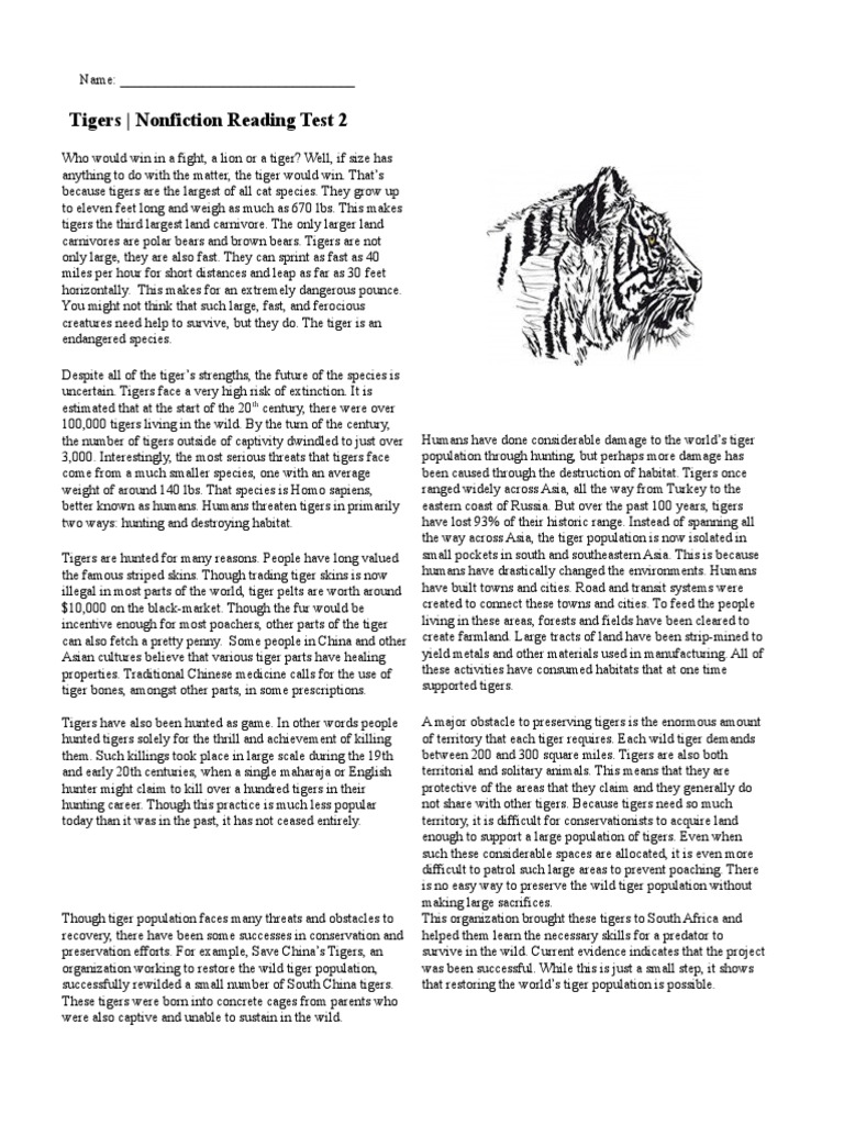 Nonfiction Reading Test 2 Tigers | PDF | Tiger | Poaching