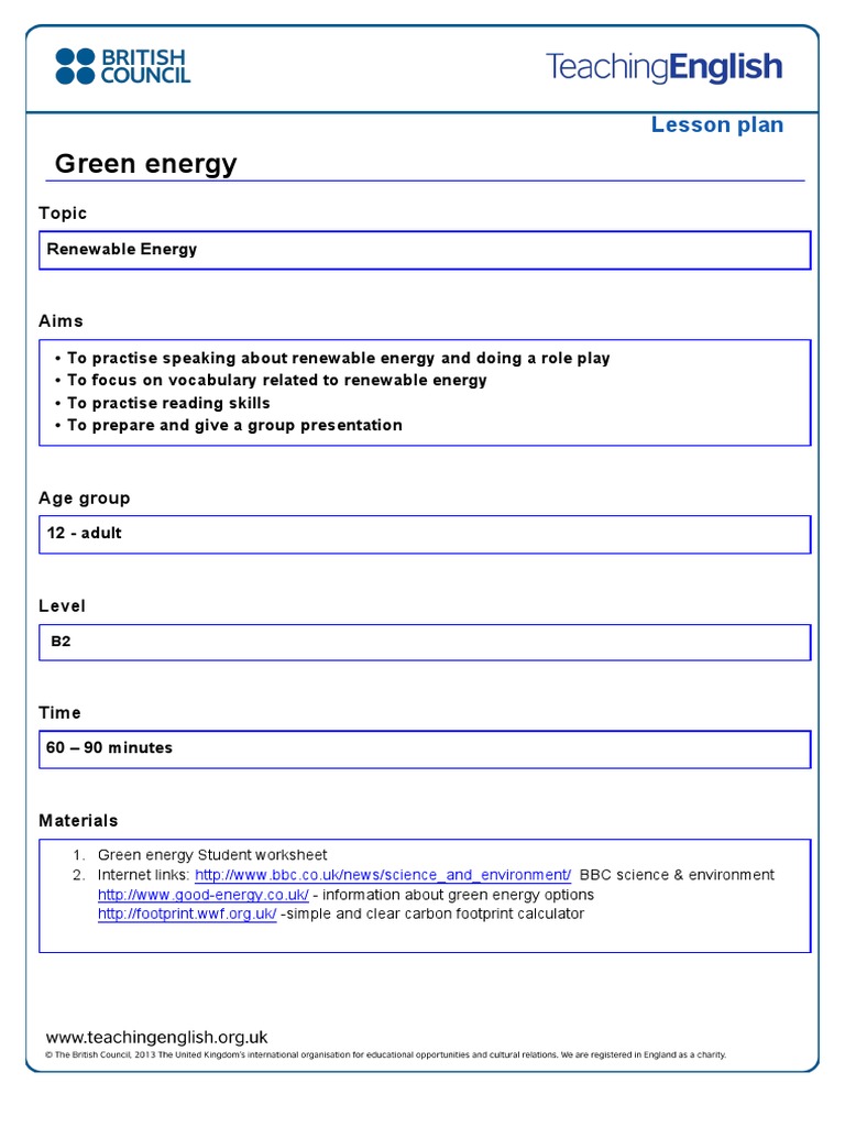 Green Energy Lesson Plan | PDF | Lesson Plan | Sustainable Energy