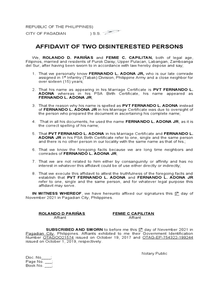 4 Affidavit of Two Disinterested Persons One and The Same Person ...