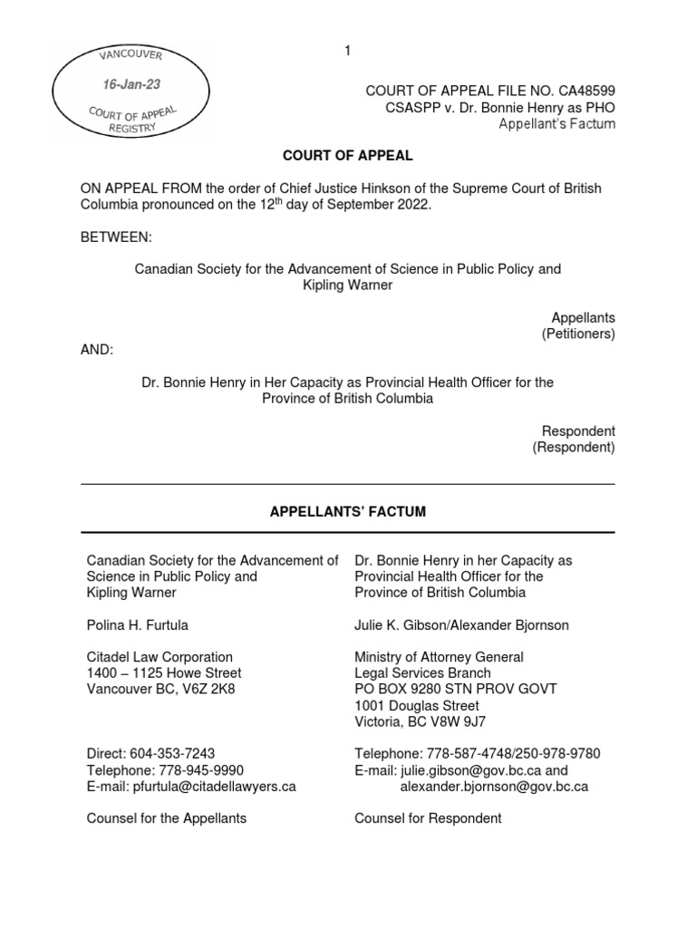 2023-01-16 - Appellants' Factum | PDF | Standard Of Review | Standing (Law)