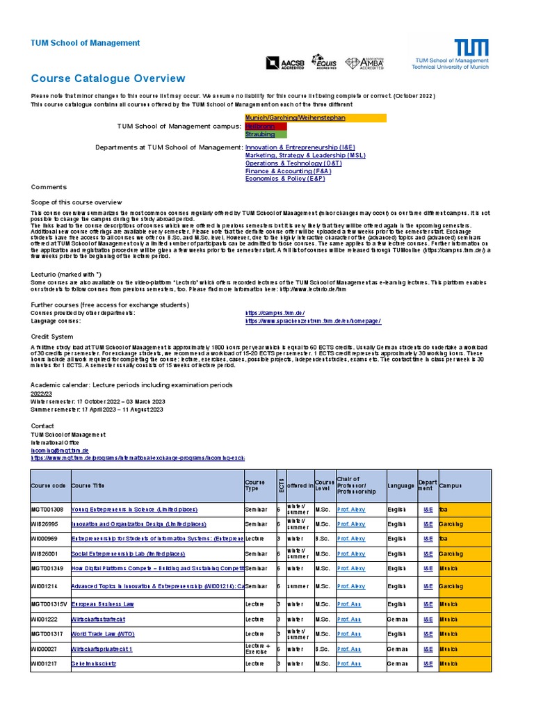 Tum School of Management Course Catalogue Incoming Exchange Students ...