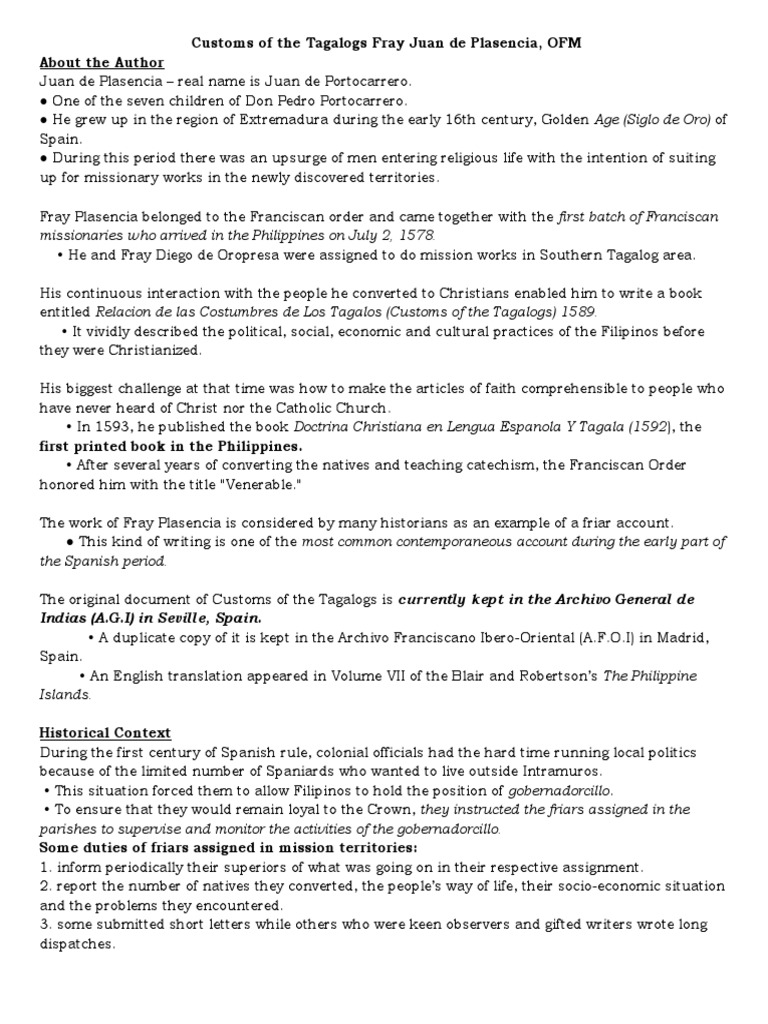 Customs of the Tagalogs by Juan de Plasencia | PDF