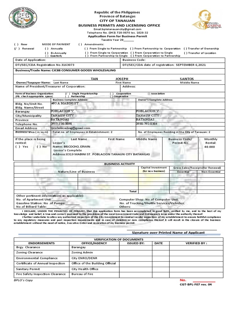 Application Form For Business Permit | PDF | Verification And ...