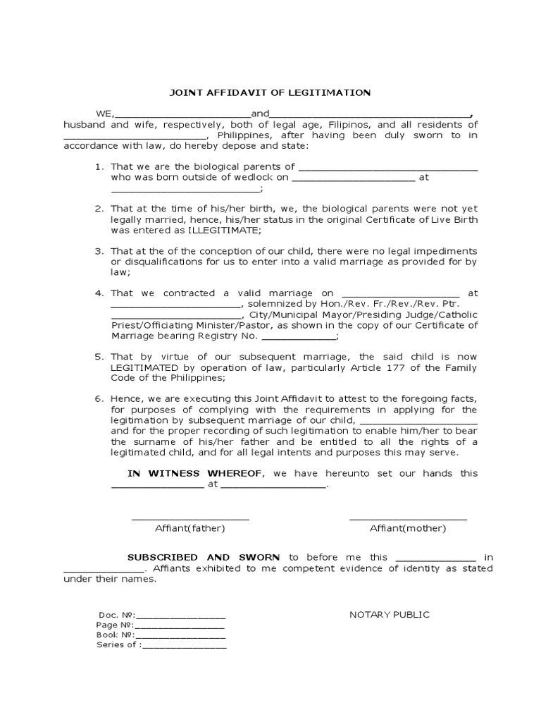 Joint Affidavit for Child Legitimation | PDF | Affidavit | Marriage