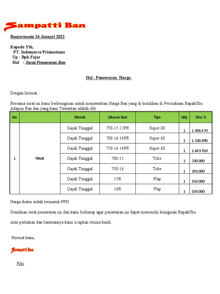 Surat Penawaran Harga Ban Gajah Tunggal | PDF