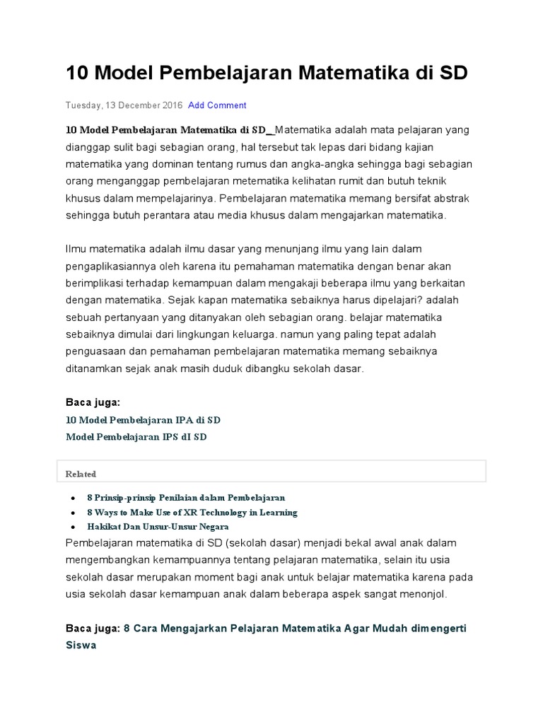 10 Model Pembelajaran Matematika Di SD | PDF | Karier & Perkembangan
