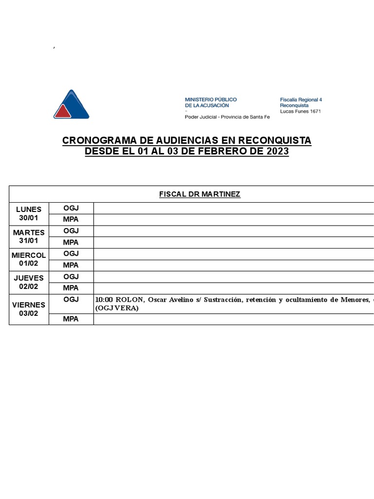 Cronograma de Audiencias en Reconquista Desde El 01 Al 03 de Febrero de ... Cronograma de Audiencias en Reconquista Desde El 01 Al 03 de Febrero de ...