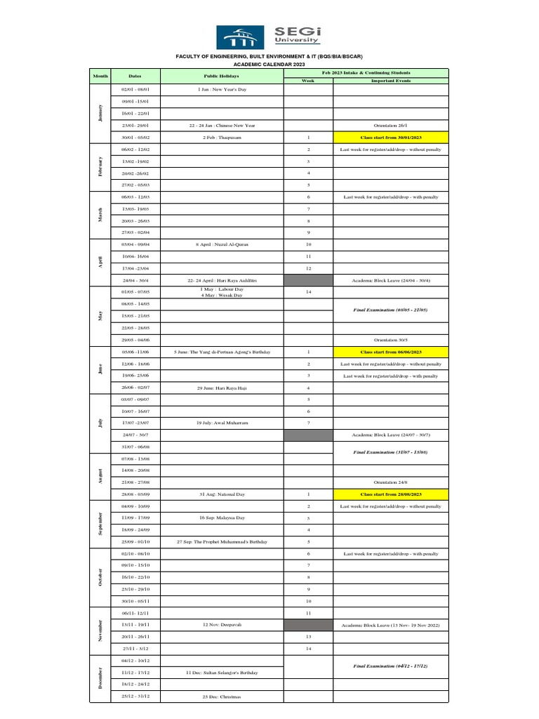 ACADEMIC CALENDAR 2023 (BQS BIA BSCAR) | PDF | Holidays | Festival