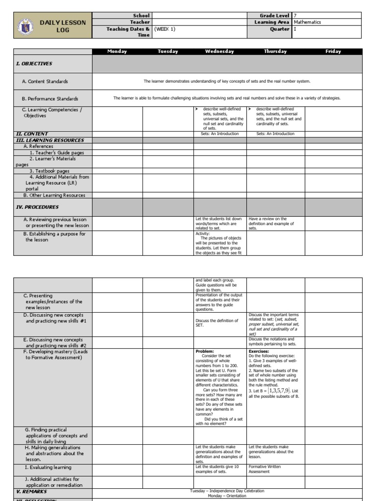 Sample Grade 7 DLL Q1W1 | PDF | Learning | Teaching