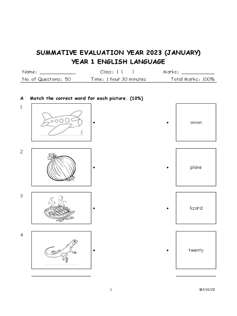 Year 1 English Test | PDF | Foods | Food And Drink